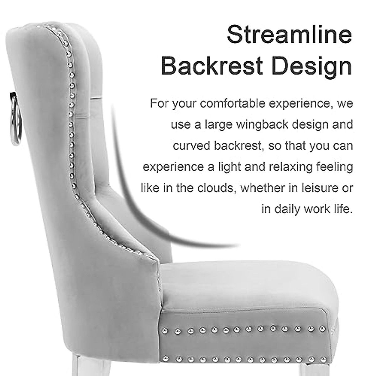 Creek Vista Velvet Dining Chairs Set of 2, Upholstered Tufted Dining Room Chairs, Stylish Stainless Steel Legs Chairs for Dining Room with Ring Pull, Grey