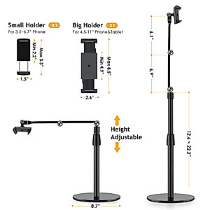SupeDesk Phone Stand Overhead Recording Stand, Adjustable Cell Phone Holder, Multiangle, 3-Part Adujustable,Horizontal Recording Stand, Compatible with 3.5-11" Phone/iPad Mini/iPhone, Black