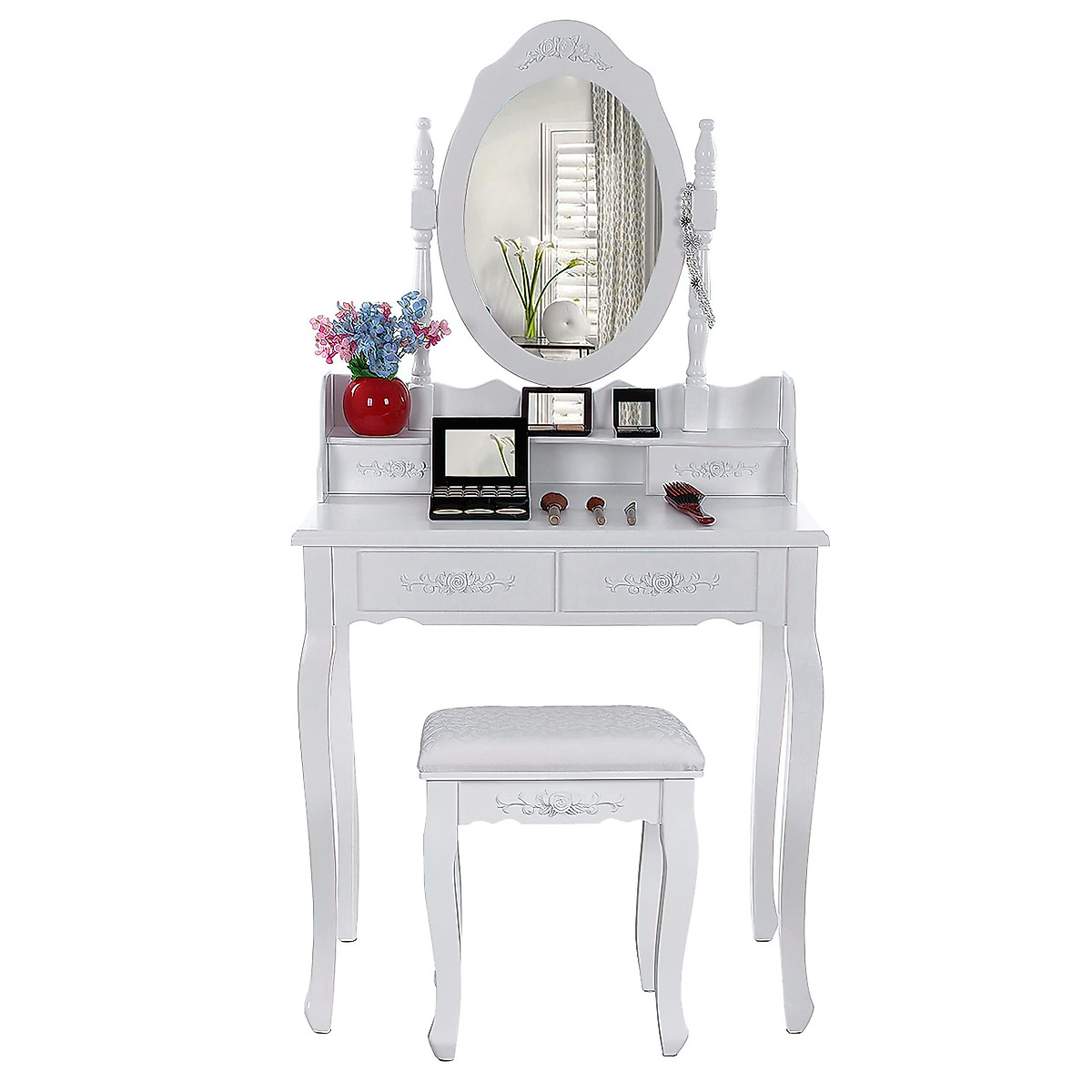 The Urban Port Ren 30-Inch 3-Piece Vanity Desk Set with Rotating Mirror and Matching Stool, 4 Drawers, Solid Wood, Pure White