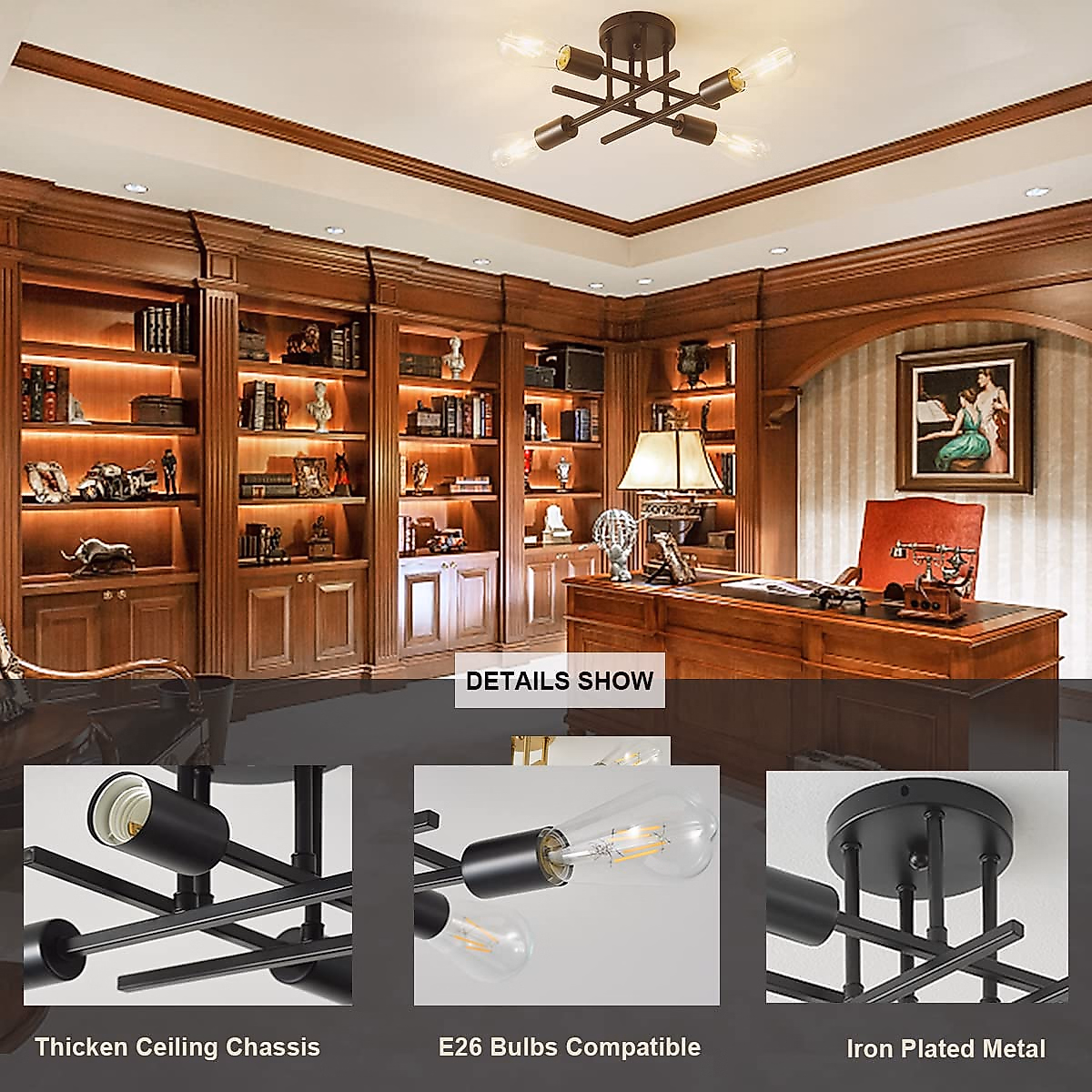 Giutna Modern Semi Flush Mount Ceiling Light Fixture,4-Light Farmhouse Light Fixtures Ceiling Mount,Industrial Chandelier Ceiling Lamp for Living Room Bedroom Kitchen Hallway,Bulb Not Included(Black)