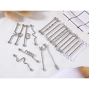 BodyAce 14G Crystal Long Industrial Earrings, Surgical Steel Industrial Bar Piercing Jewelry, Flexible Cartilage Earring Helix Conch Piercing Jewelry for Men Women 1 1/2"(38mm) (C:20pcs)