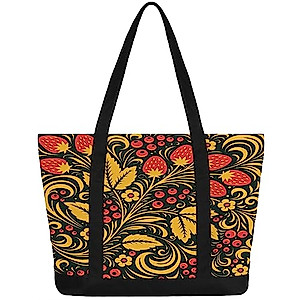 bisibuy Ripe Berry Strawberries Tote Bag Tote Bag for Women Reusable Grocery Shopping Cloth Bags with Zipper Large Capacity Foldable Handbag Gym Bag for Gift Activity