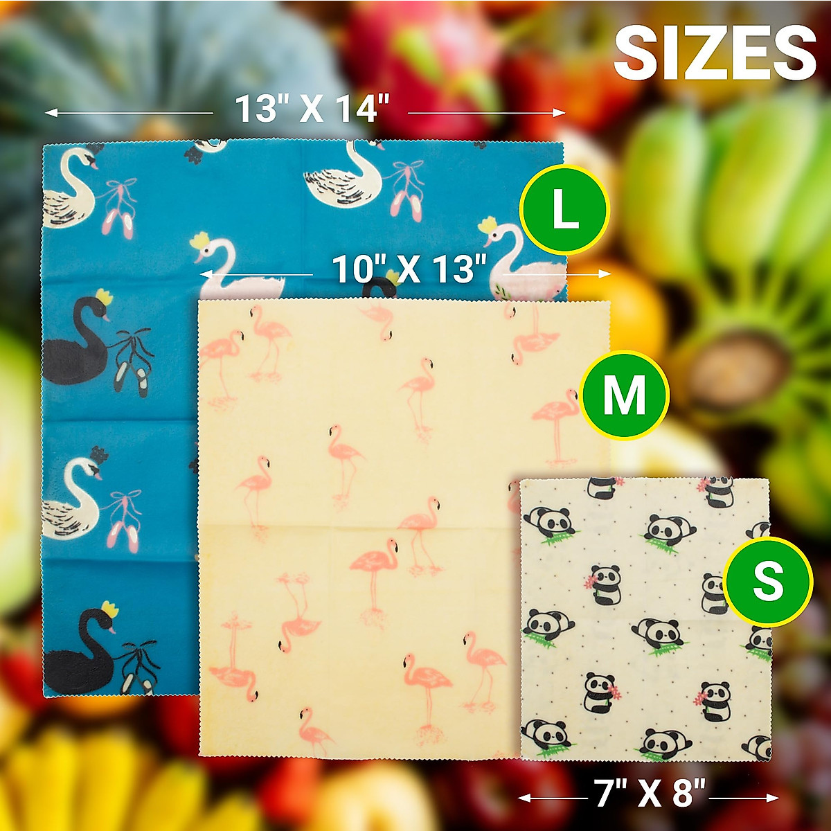 EZGOODZ Reusable Beeswax Food Wraps S, M, L. Pack of 3 Organic Reusable Beeswax Wrap with Animal Print. Washable Bee Wax Paper Food Wrap for Sandwiches, Bowls. Sturdy Beeswax Wraps for Food Reusable