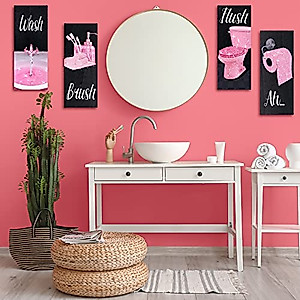 Chinco 4 Pcs Women Funny Wall Art Bathroom Decor Glam Bathroom Wall Decor Black and White Glam Bathroom Wall Arts Modern Women Funny Bathroom Wood Hanging Decors for Home Bathroom (Pink,Sweet)