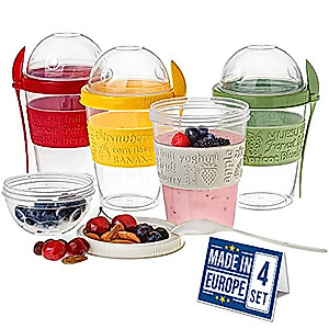 Crystalia Breakfast On the Go Cups, Take and Go Yogurt Cup with Topping Cereal or Oatmeal Container, Colorful Set of 4 (Large 20 oz)