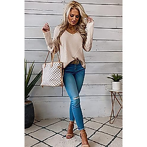 Niceyi Women's Casual Knitwear Pullover Sweater Soild Color V-Neck Loose Long Sleeve Knit Jumper Tops (Beige,Medium,Medium)