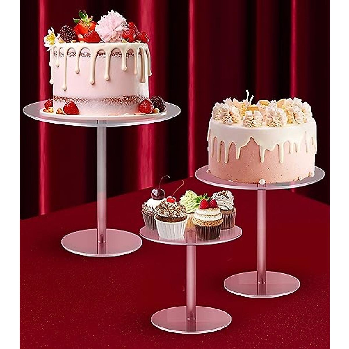 POMINEL Acrylic Cake Stand Set of 3, Clear Cake Stand Round Tall Cake Stand for Dessert Table Display Set, Cupcake Stand Dessert Cupcake Pastry Candy Display Riser for Wedding, Event, Birthday Party