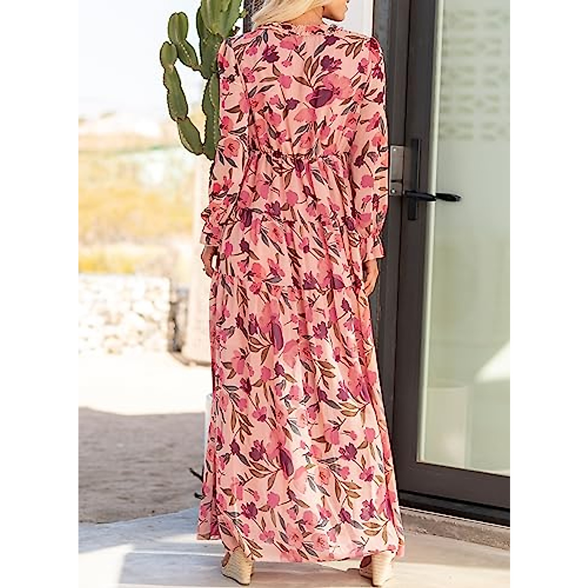 BLENCOT Womens Casual Floral Deep V Neck Long Sleeve Long Evening Dress Cocktail Party Maxi Wedding Dresses Floral Pattern Red Medium