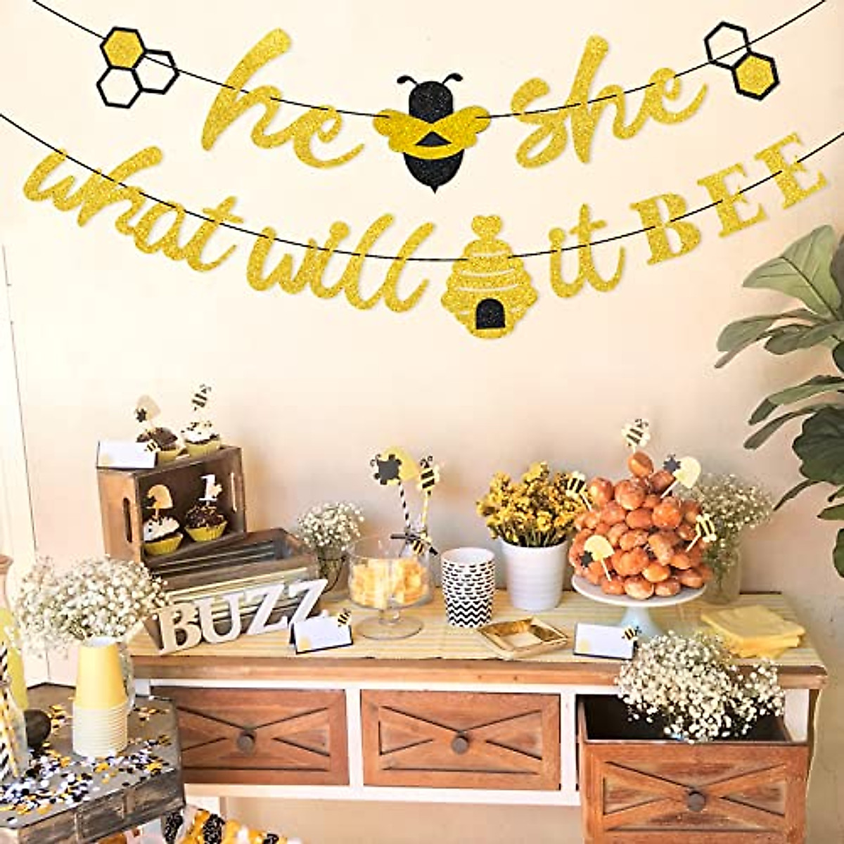 He or She What Will It Bee Banner Gender Reveal Garland with Bee and Beehive Baby Shower Glitter Party Favor Supplies Decorations