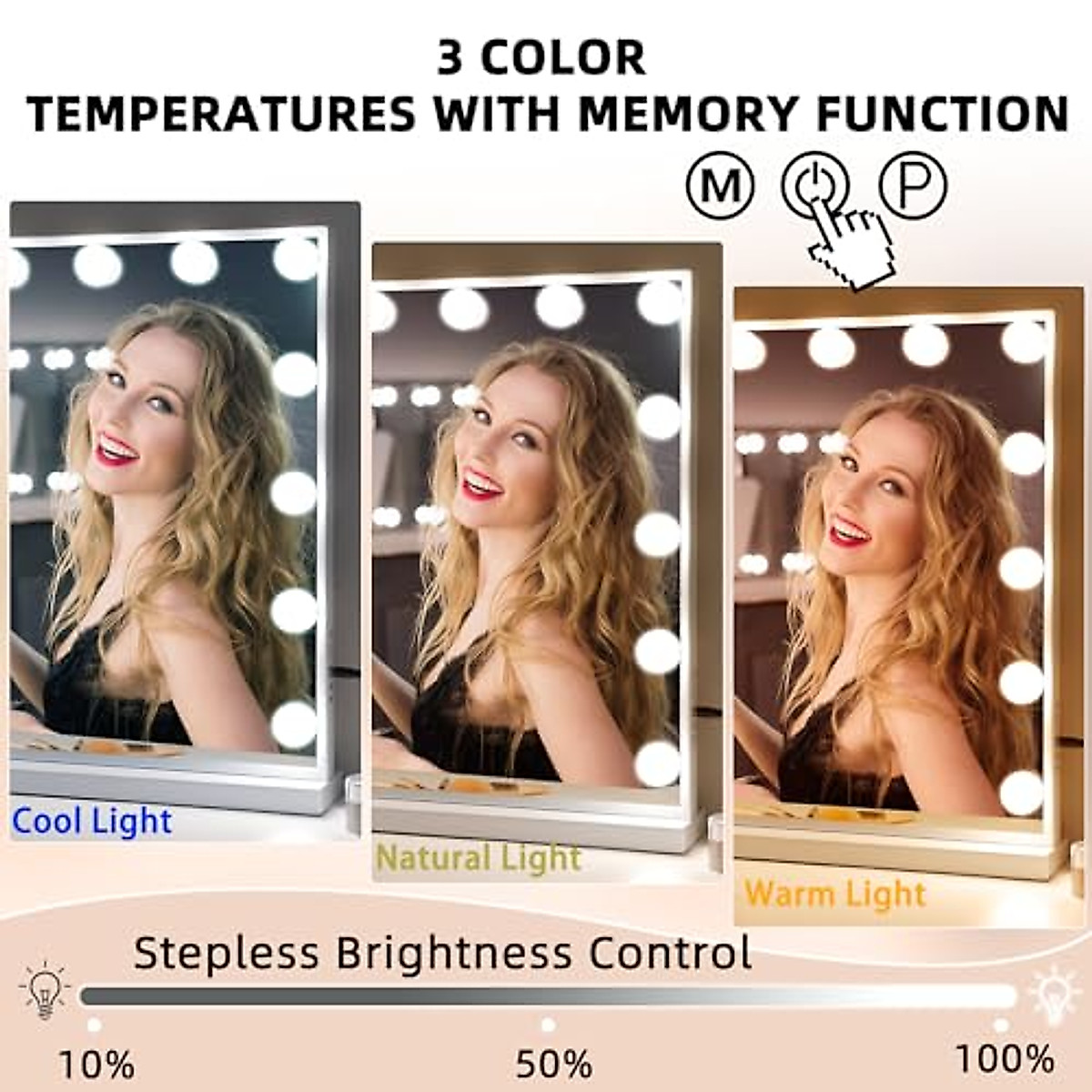 Fenair Vanity Mirror with Lights 22.8"x 18.1" Makeup Mirror with Lights and 15 Dimmable Bulbs,3 Colors Modes,Hollywood Mirror with USB Charging Port and 10X Detachable Magnification Mirror