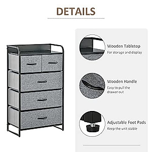 HOMCOM 5-Drawer Fabric Dresser Tower, 4-Tier Storage Organizer with Steel Frame for Hallway, Bedroom and Closet, Grey