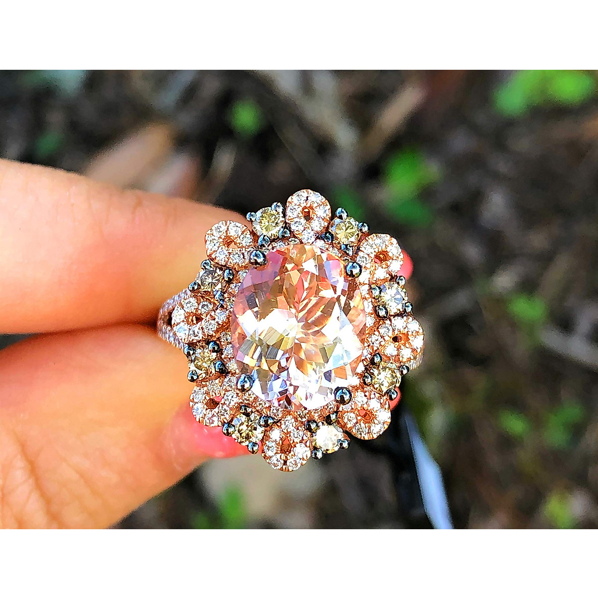 LEVIAN Ring Peach Morganite Chocolate and Vanilla Diamond 3.21 cttw 14K Rose Gold Size 7 NEW