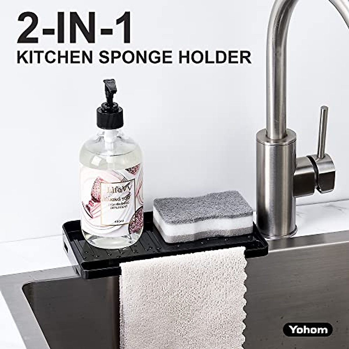 YOHOM Black Suction Cup Sponge Holder for Kitchen 2-in-1 in Sink Dish Rag Holder for Undermount Sink Plastic Scrubber Sponge Tray Organizer, Installation Size 9.06" L x 3.15" W