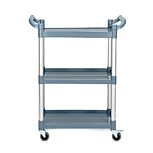 QWORK Plastic Utility Cart with Wheels Lockable, 3-Tier Rolling Push Cart Bus Cart for Restaurant, Kitchen, Gray