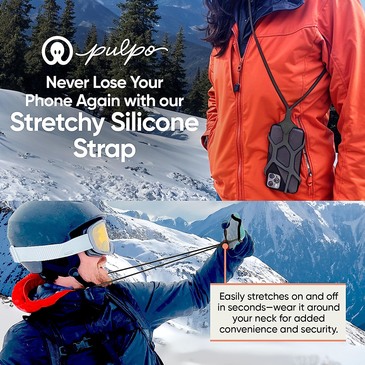 Pulpo Safety Cell Phone Lanyard Black Fits Smartphones 6.1" to 6.8” - Anti Theft Phone Strap for Men & Women, Lanyards for Phones, Ski Cellphone Tether & Cellphone Lanyard, Silicone Crossbody Straps