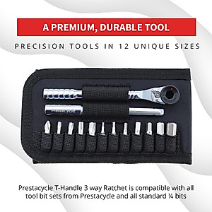 Prestacycle Pro T Handle Ratchet Set - 12-Piece Hex Bit Tool Kit & 3 Way Ratchet, Compact & Flexible Wallet Holder, Heavy-Duty T Handle Set for Bicycle Maintenance, 60 Nm Torque