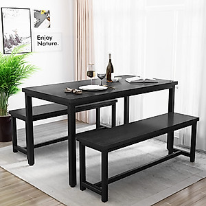 Recaceik 3-Piece Dining Table Set for 4, 43'' Dining Room Table Set with 2 Benches, Space-Saving Dinette Table with Metal Frame & MDF Board, Breakfast Table for Kitchen, Dining Room, Black