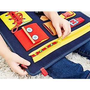 Toddler Busy Board - Montessori Fine Motor Skills Toy - Zipper Buckle Button Shoe Tying Practice Board - Sensory Activity Busy Board for Toddlers - Soft Felt Travel Learning Toys for Kids Ages 3 4 5