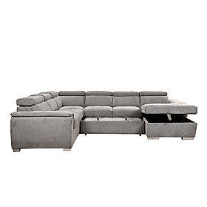 Eafurn 125'' U-Shaped Sectional Sleeper Right Storage Chaise Lounge and Pull Out Bed, 7-Seater Tufted Seat Oversized Sofa & Couches with Adjustable Headrest for Living Room, Light Gray