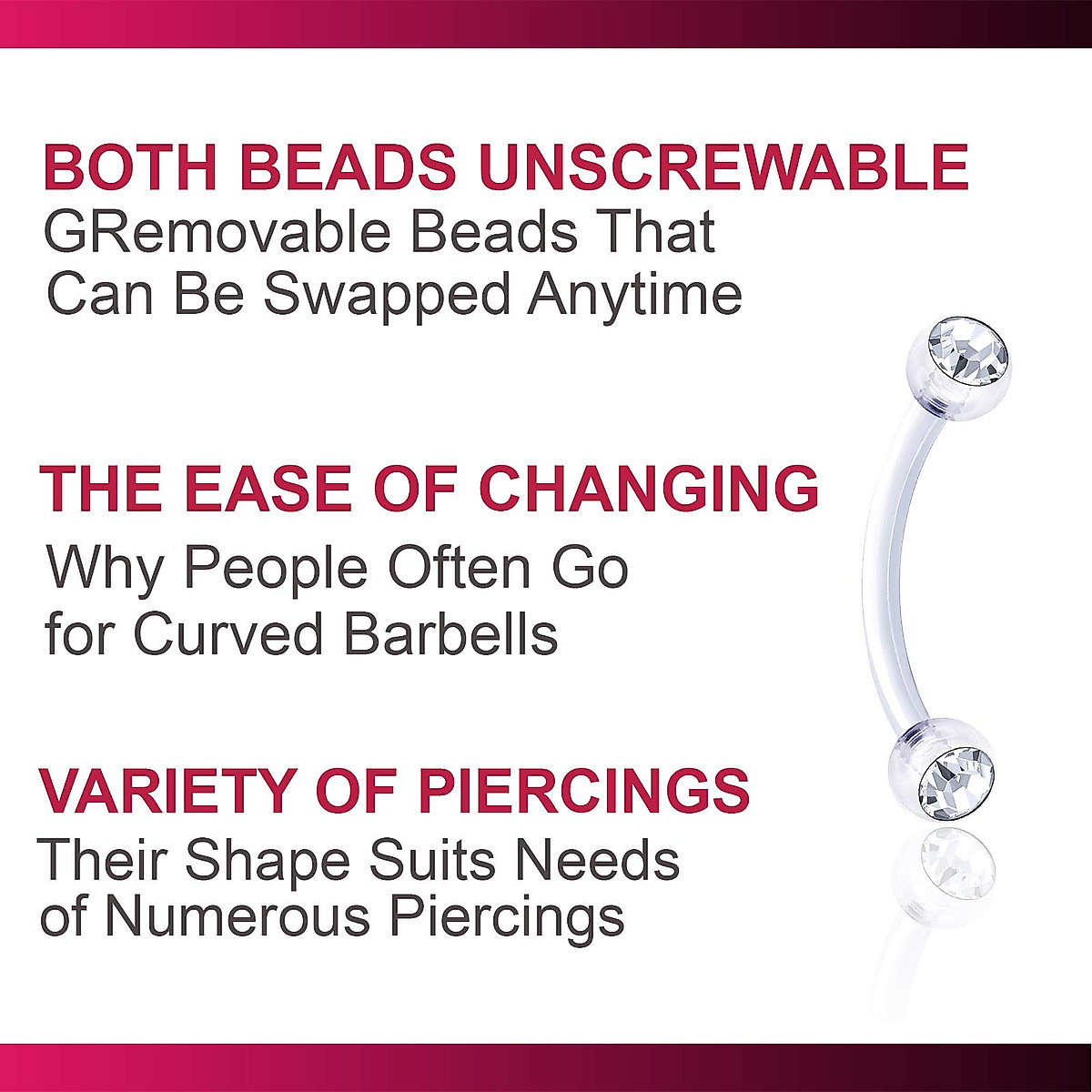 bodyjewellery 4pcs 16g Curved Barbell Cartilage Tragus Eyebrow Flexible Bioflex Helix Conch Earring Auricle Crystal Ball Stud - 10mm