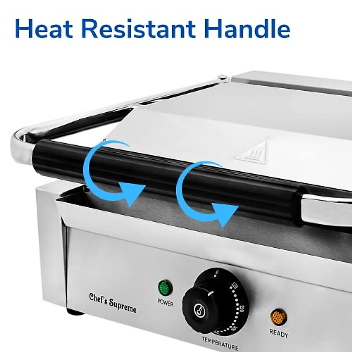 Chef's Supreme Commercial Panini Grill, 14" x 9" Non Stick Grooved Plates, 120V 2200W, 120F - 570F Heat Control, Perfect for Sandwiches, Burgers, Steaks and More