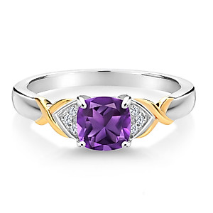 Gem Stone King 925 Sterling Silver and 10K Yellow Gold Purple Amethyst and White Lab Grown Diamond Engagement Ring For Women (1.00 Cttw, Cushion 6MM, Available In Size 5, 6, 7, 8, 9)