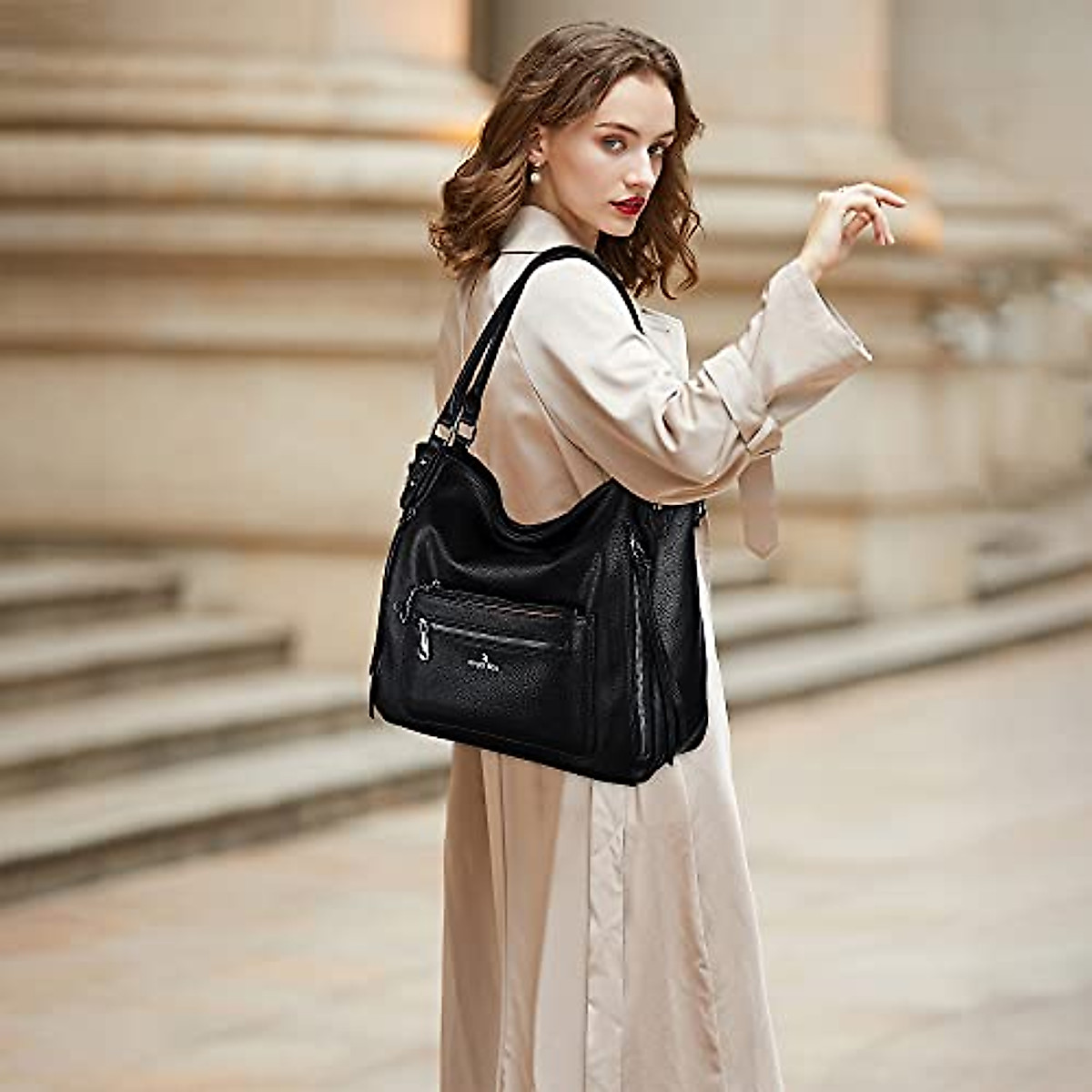 Angelkiss Hobo Shoulder Bags for Women Large Faux Leather Crossbody Purses with Wallet Clutch 2pcs Set