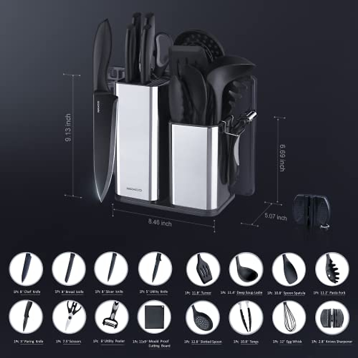 18 Pieces Black Kitchen Utensils Set Cooking Utensils Set Stainless Steel Knife Set with Block, 7 Piece Silicone Cooking Utensils Set with Scissors Vegetable Peeler Knife Sharpeners Cutting Board