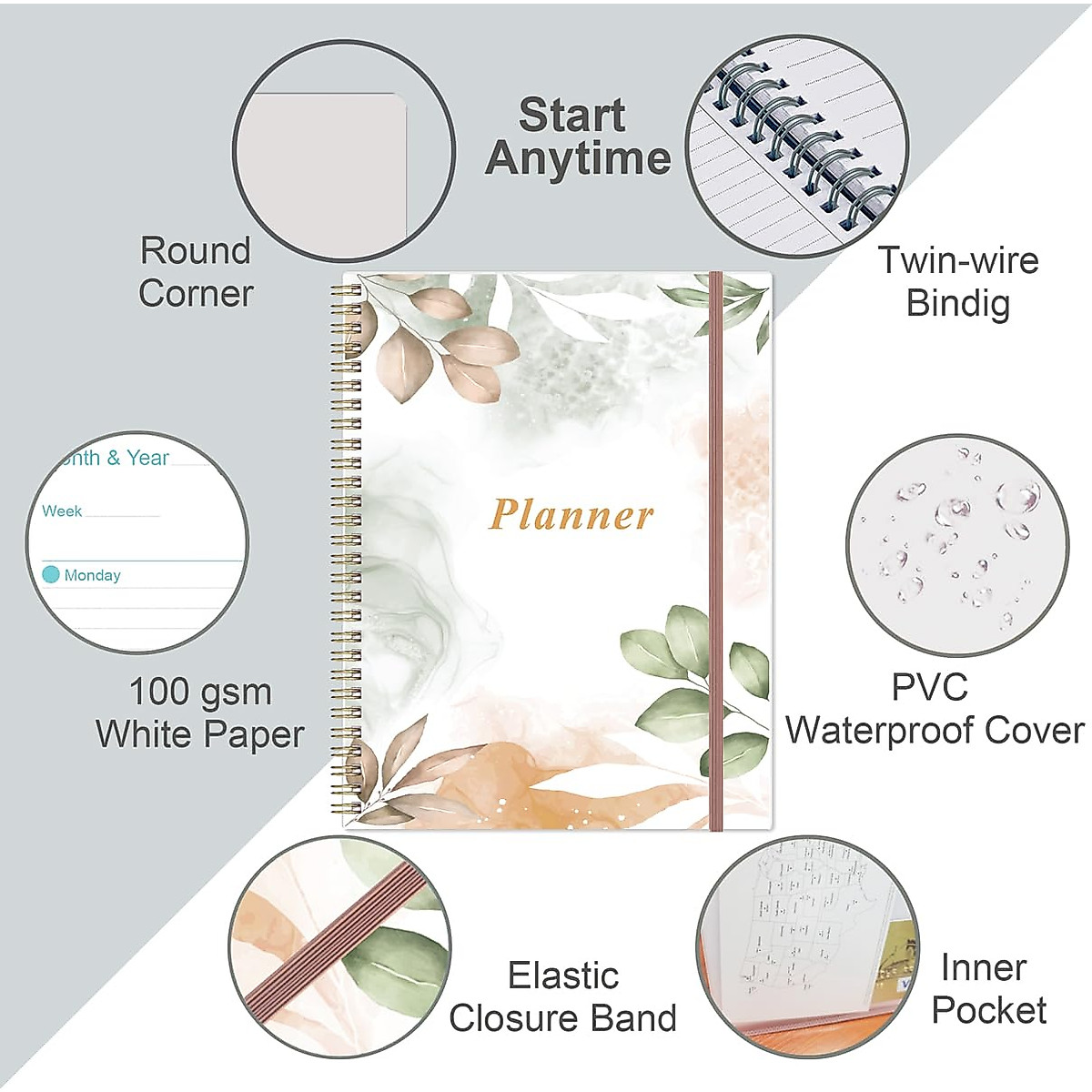 Undated Planner Pro - 8.5" x 11" Weekly & Monthly Planner to Achieve Goals & Increase Productivity, 12 Months Undated Agenda Daily Planner, Start Anytime, Rose Leaf