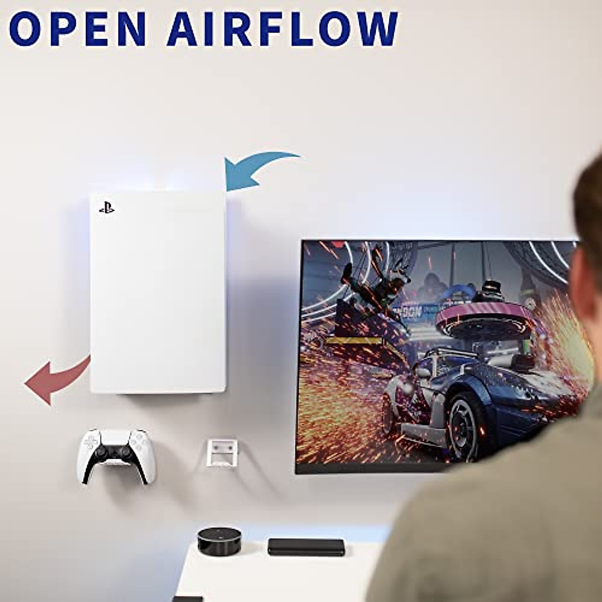 VIVO Steel Wall Mount Bracket Designed for PS5 Gaming Console, Vertical Display for Playstation 5, Open Design, 2 Controller Mounts, White, MOUNT-PS5W