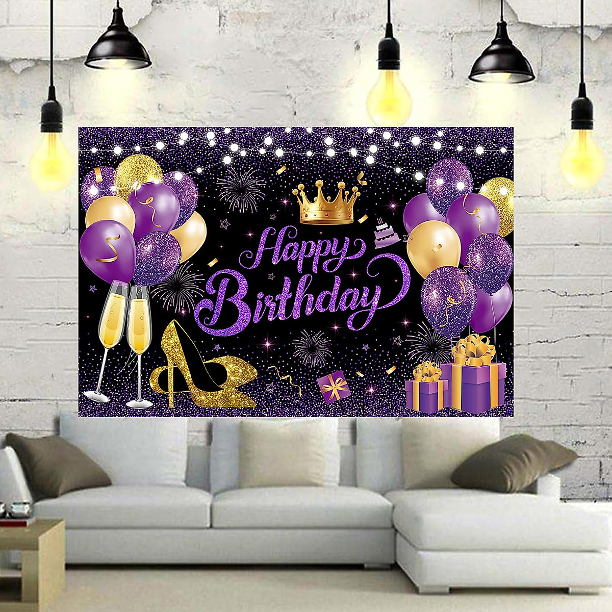 YinQin 180x120 cm Black Purple Gold Happy Birthday Party Backdrops Cloth 71x47 in. Birthday Celebration Photography Backgrounds Glitter Purple Gold Happy Birthday Sign Decoration Banner for Women Girl