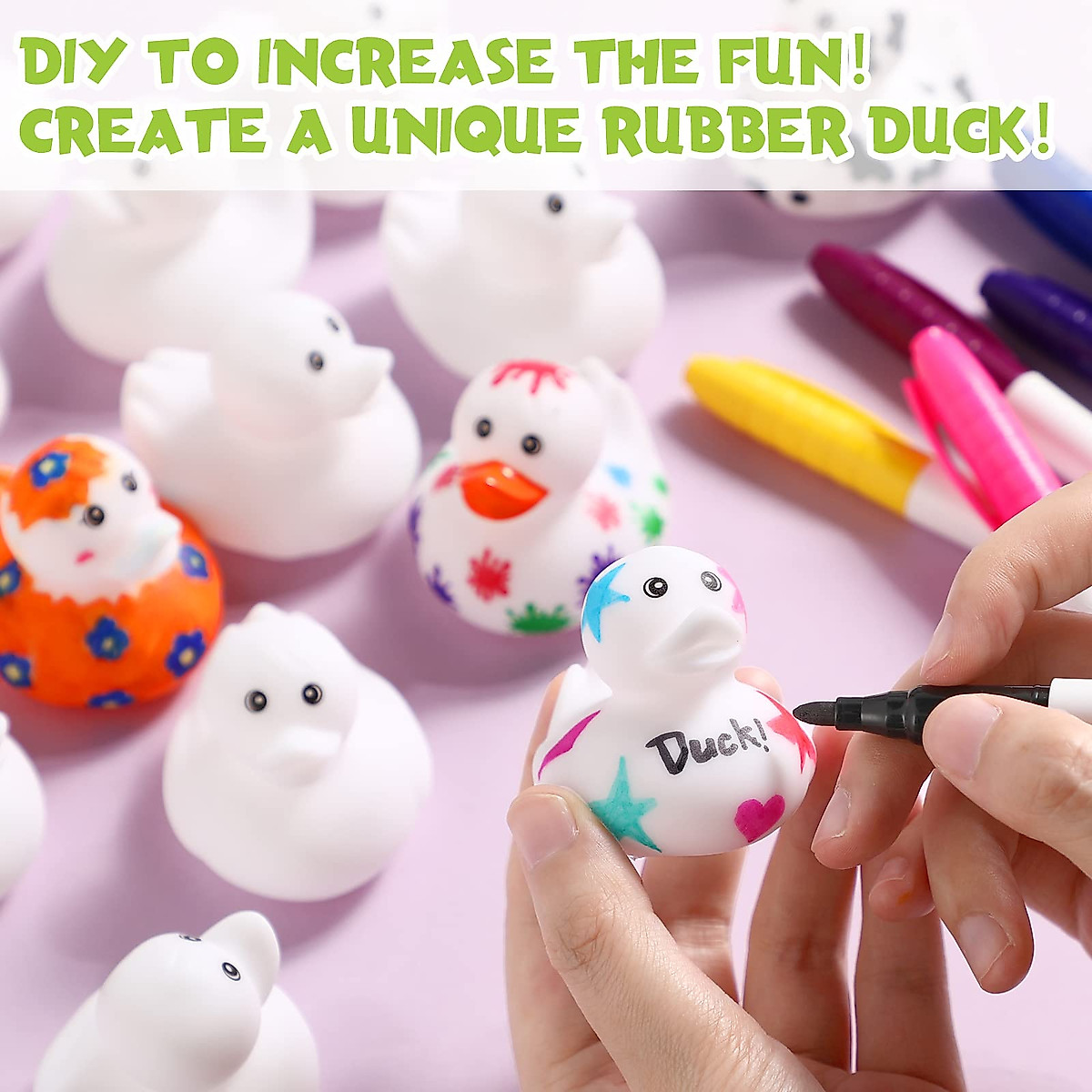 Jerify 12 Pcs 2 Inch White Blank Rubber Ducks Creative Rubber Ducks with Pens of 12 Colors for Pool Bathtub Float Cute Ducks DIY Ducks Birthday Gifts Baby Party Favors Accessories for Kids