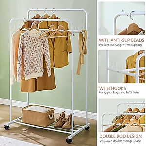 Hoctieon Double Rod Clothes Rack, 2 IN 1 Clothing Rack with Shelves and Wheels for Easy Mobility, Multi-functional Bedroom Garment Rack with 8 Hooks, White