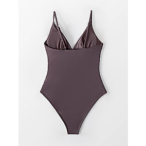 CUPSHE Women's One Piece Swimsuit Tummy Control V Neck Two Piece Bathing Suits, Cafe Brown, L