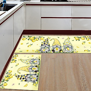 LBCASA Kitchen Rugs and Mats Washable 2 Pieces, Summer Lemon Gnomes Cushioned Kitchen Rug, Country Fruits Yellow Non-Slip Kitchen Mat for Front of Sink, Laundry, Bathroom, 24"x35"+24"x71"