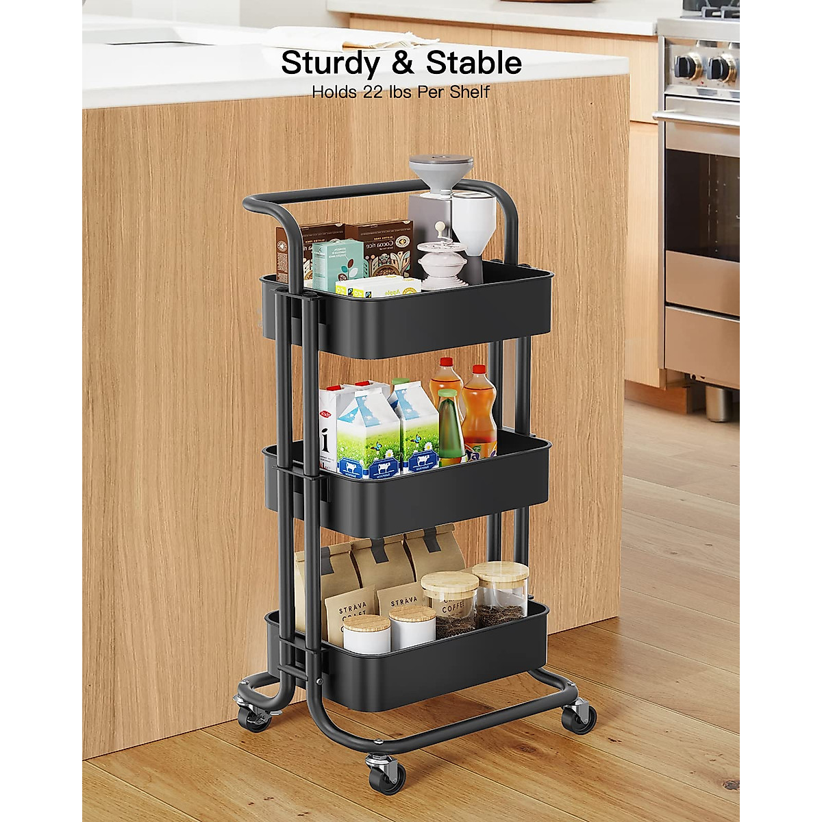Totnz Rolling Utility Cart, 3-Tier Mesh Organization Cart with Lockable Wheels, Multi-Functional Storage Trolley for Office, Living Room, Kitchen, Laundry, Bathroom Storage, Black (TZUC01B)