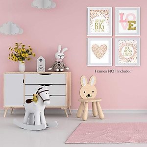 Pink & Gold Positve Affirmation 8x10 Wall Art Set of 4 Love Nursery Toddler Girls Room Decorations Dream Big (NOT Real Glitter)