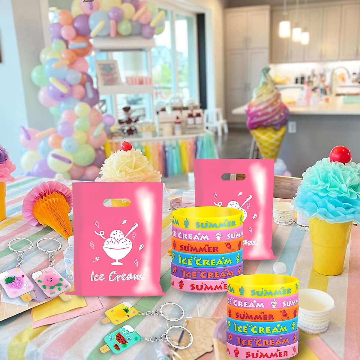 110 PCS Ice Cream Party Favors Cute Ice Cream Necklace Goodie Bags with Keychains, Stickers, Rubber Bracelets, Button Pins and Bags for Summer Themed Birthday Party Baby Shower
