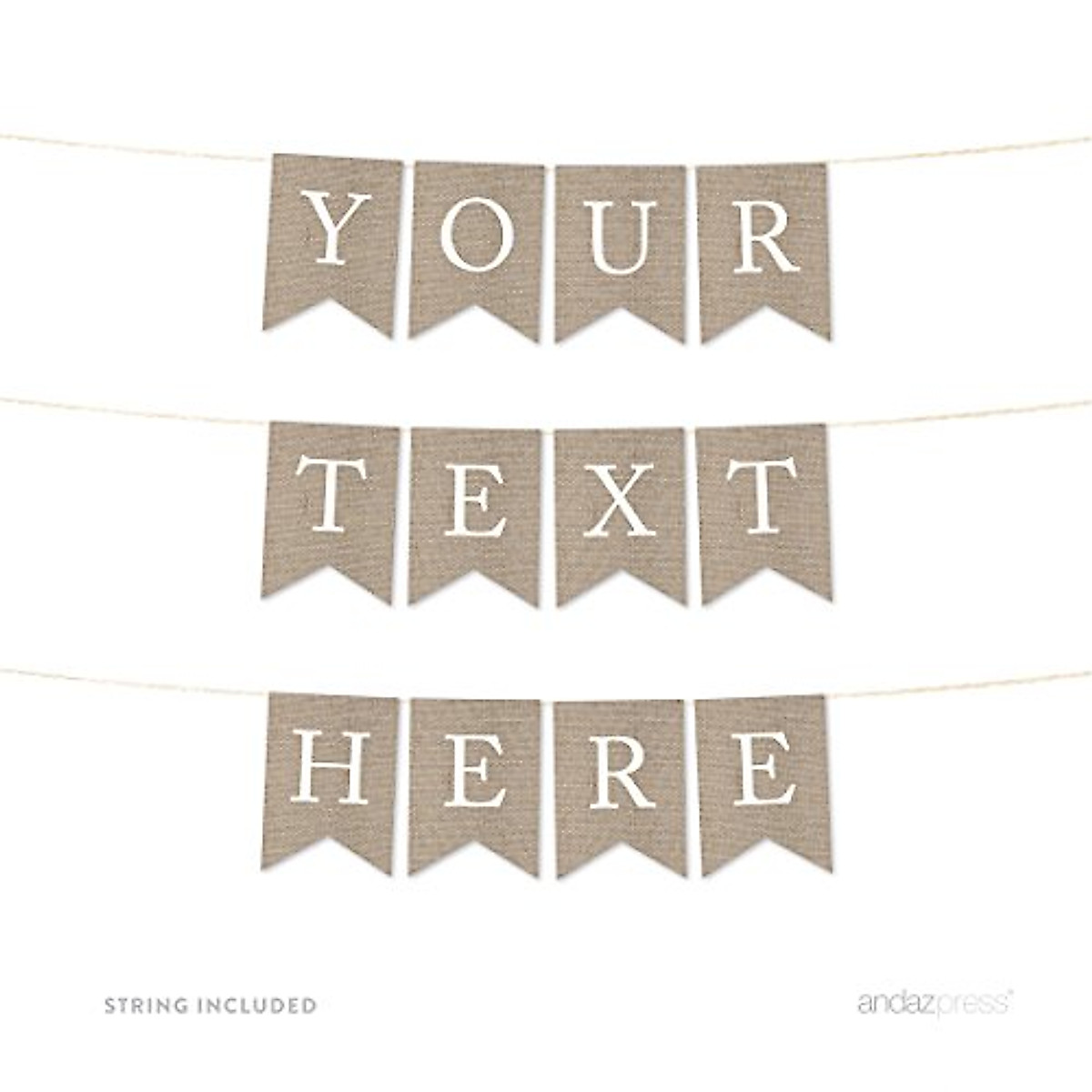 Andaz Press Personalized Hanging Bunting Pennant Party Banner with String, Paper Burlap, Your Text Here, 1-Set, Not Real Fabric, Includes String, Custom Name