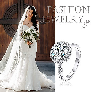 JIANGYUE 3 Carat Round CZ Big Stone Solitaire White Gold Plated Engagement Wedding Rings for Love for Women, Halo Style Shining Classical Ladies Mother's Day Jewelry Size 9