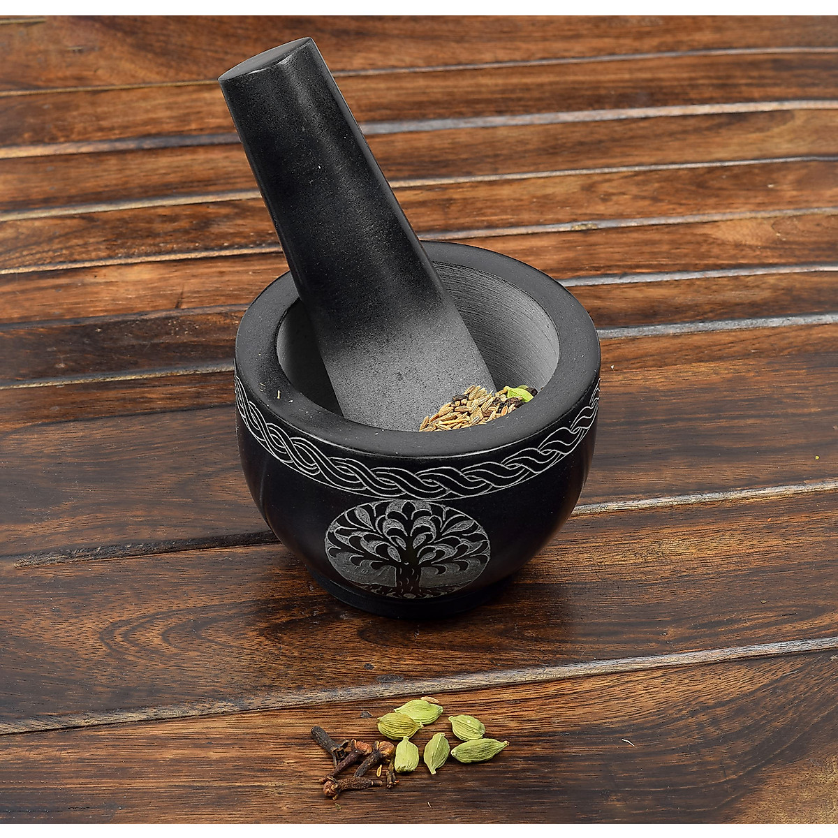 Samhita Tree of Life Natural Stone Mortar & Pestle Mortar Diameter- 3.75"x 2.75" Pestle-5" x 1.5"