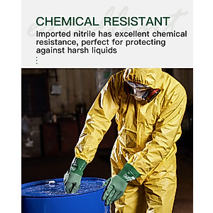 PACIFIC PPE Nitrile Chemical Resistant Gloves, Chemical Gloves, Reusable Heavy Duty Work Gloves, Acid, Alkali and Oil Protection, Non-Slip, Large