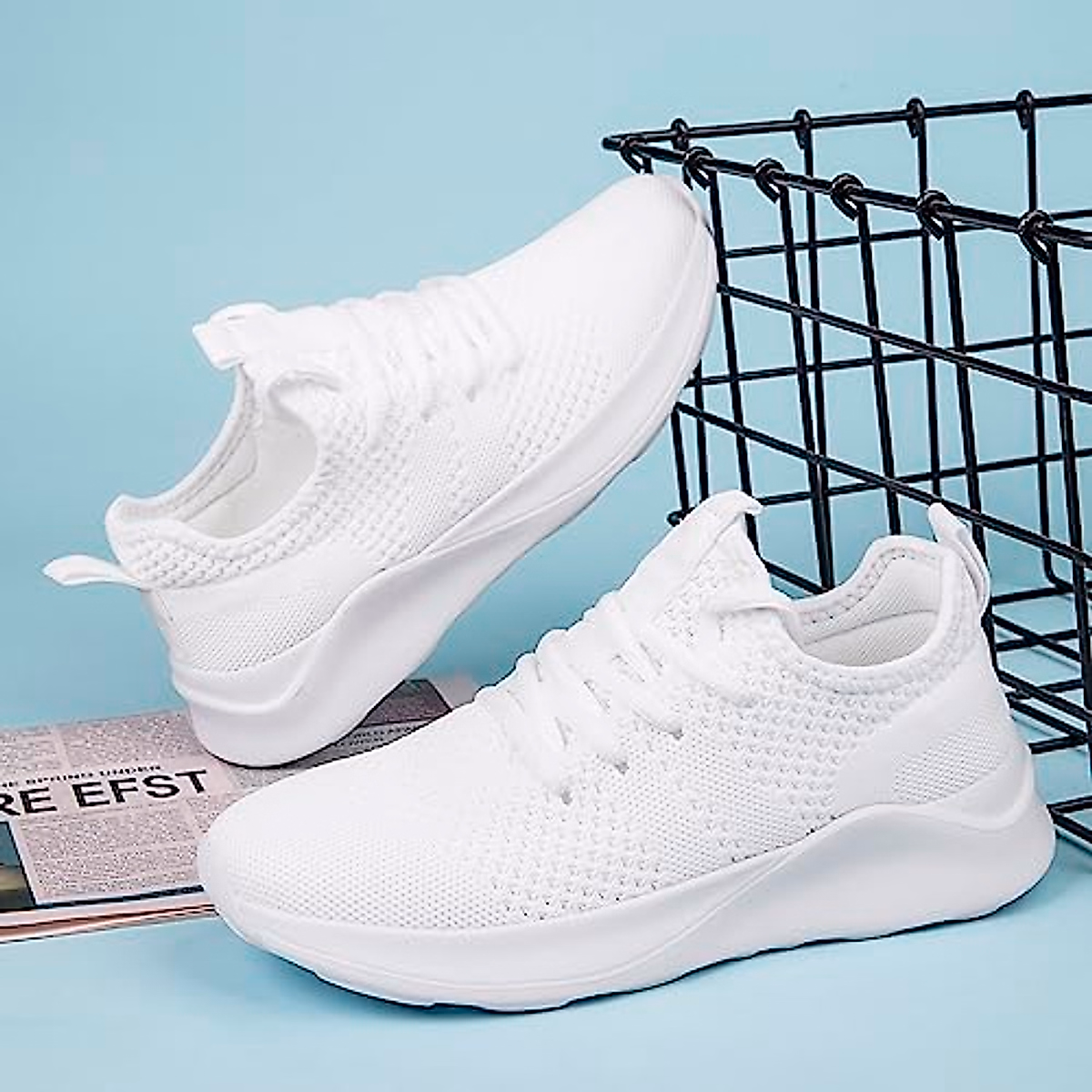 WOHHHW Women Walking Shoes Ladies Running Sneakers Breathable Mesh Sports Shoes Casual Lightweight Gym Lace up Sneakers Fitness Athletic Slip On Comfortable White US Size 8