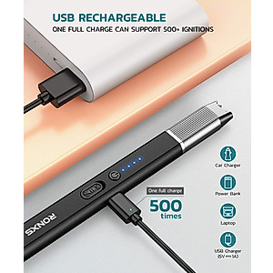 RONXS Electric Lighter, Candle Lighter with Safety Lock Windproof Flamless Arc Rechargeable Long Lighter with Battery Indicator (Black&Champagne 2pcs)