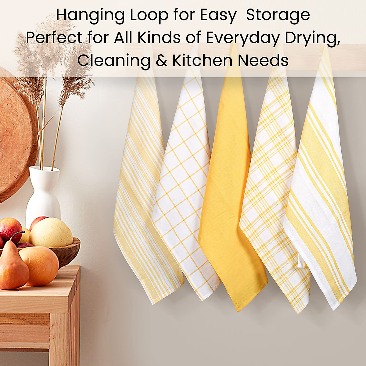 Cotton Clinic Assorted Kitchen Towels 5 Pack – Soft Absorbent Quick Drying Table & Kitchen Linen - Dish Towels, Dish Cloths, Tea Towel and Cleaning Towel with Hanging Loop – 16x28 / Yellow White
