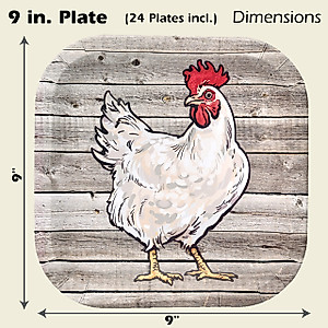 Havercamp Chicken 9” Plates on Barnwood (24 pcs.)! Authentic and Clucky Chicken on a Rustic Barnwood Background. 24 Lg. 9 in. Square Dinner Plates. Pair with the Farm Table Collection!