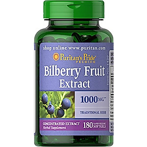 Puritans Pride Bilberry Extract, Contains Antioxidant Properties*, 1000mg Equivalent, 180 Rapid Release Softgels