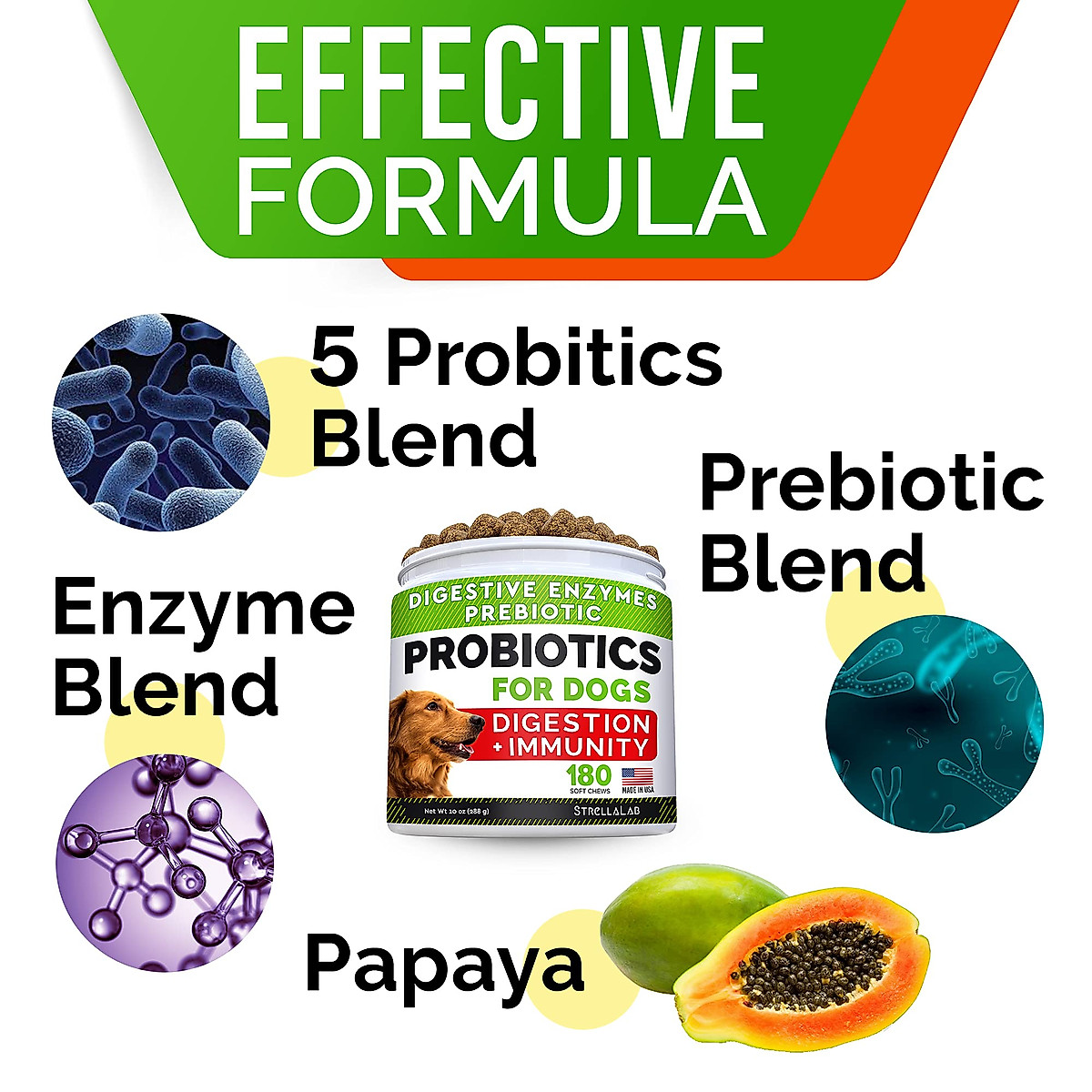 STRELLALAB Dog Probiotics Treats for Picky Eaters - Digestive Enzymes + Prebiotics - Chewable Supplement - Allergy, Diarrhea, Gas, Constipation, Upset Stomach Relief - Improve Digestion, Immunity