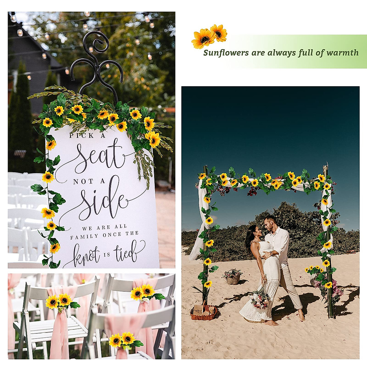 4Pcs 33FT Artificial Sunflower Green Leaves Vines, Hanging Sun Flower Garland Fake Foliage, Plant Leaves Yellow Flowers String Vine for Wedding Table Home Birthday Party Kitchen Garden Decor (B)