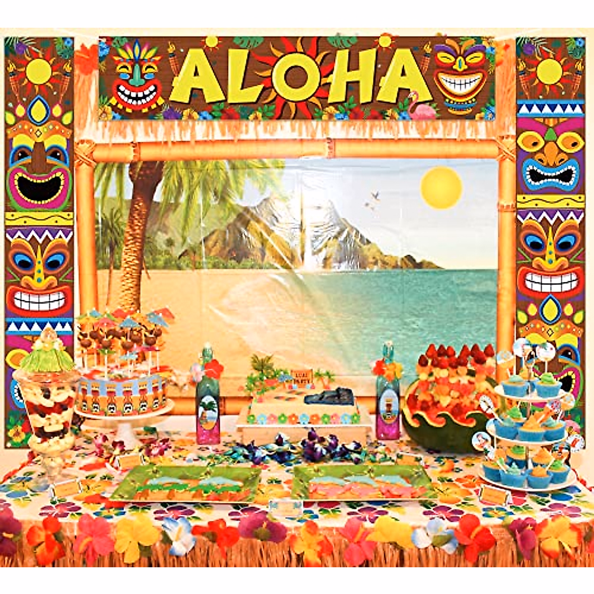 90shine 3PCS Hawaiian Luau Party Decorations Tiki Banners Aloha Tropical Moana Flamingo Door Porch Signs Wall Hanging Decor Supplies